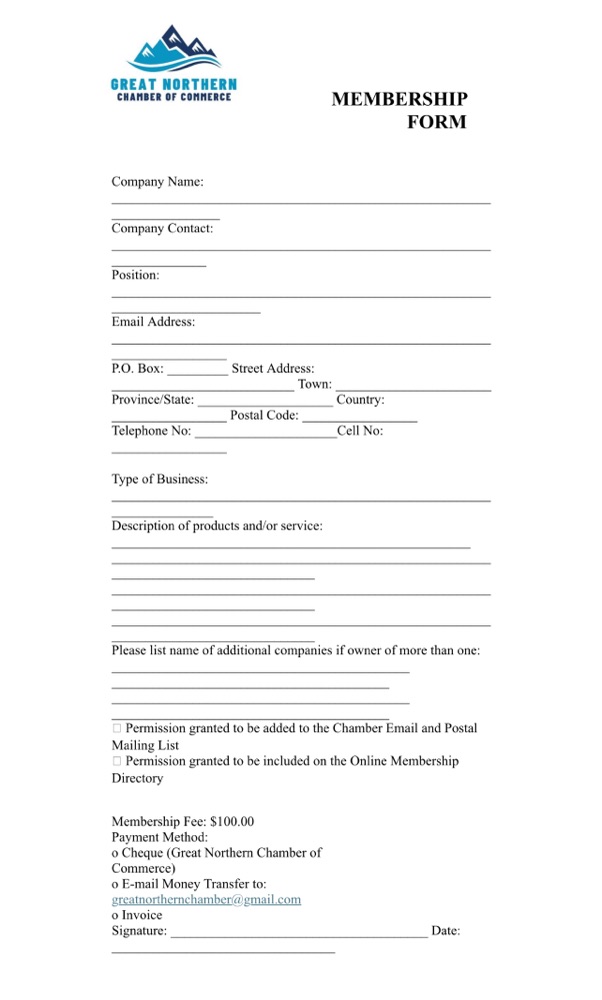 Membership Form – Great Northern Chamber of Commerce